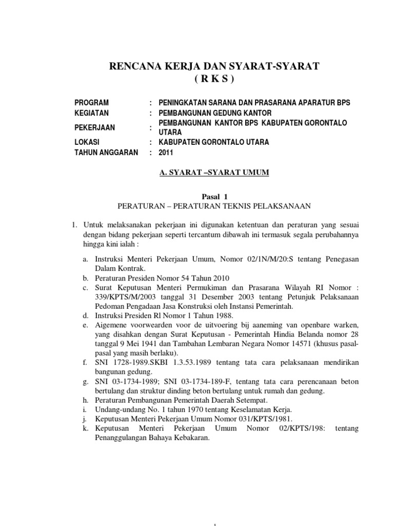 RKS Pembangunan Gedung Kantor BPS Gorut Net | PDF | Teknologi & Rekayasa