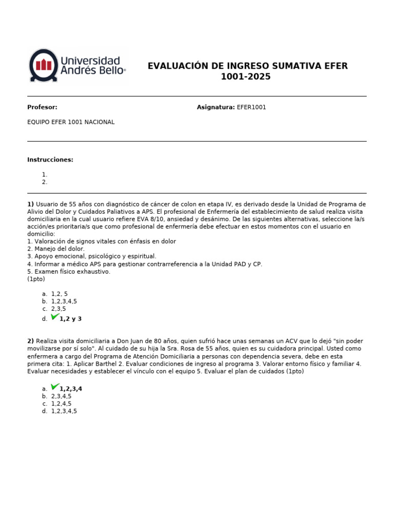 Evaluación de Ingreso EFER 1001 2023 | PDF | Enfermería ...