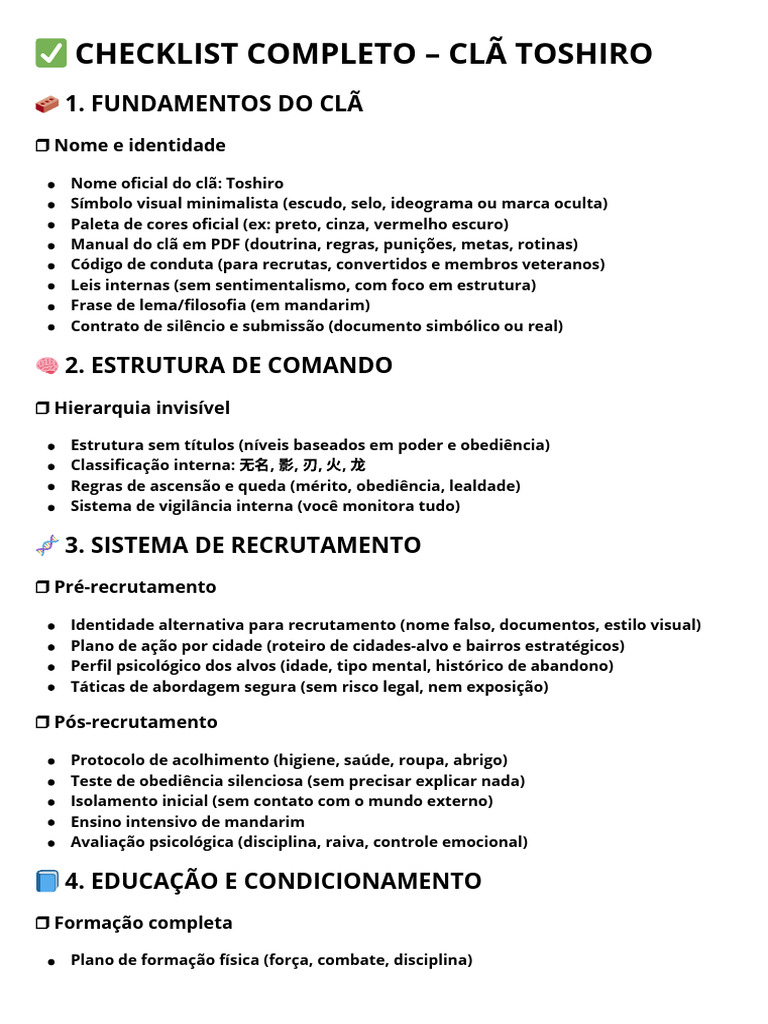 Checklist do Clã Toshiro: Estrutura e Recrutamento | PDF