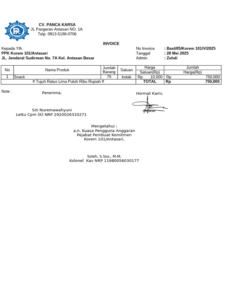 Format Invoice Cv. Panca Karsa | PDF