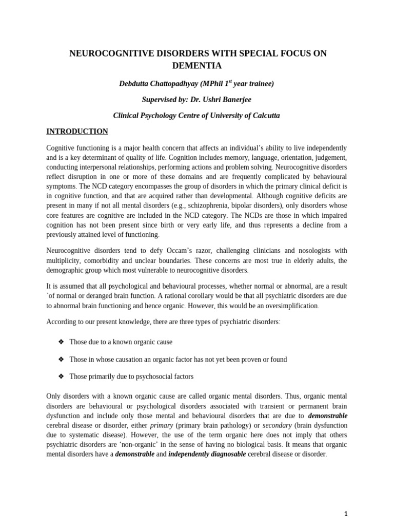 Neurocognitive Disorders With Special Focus On Dementia | PDF ...