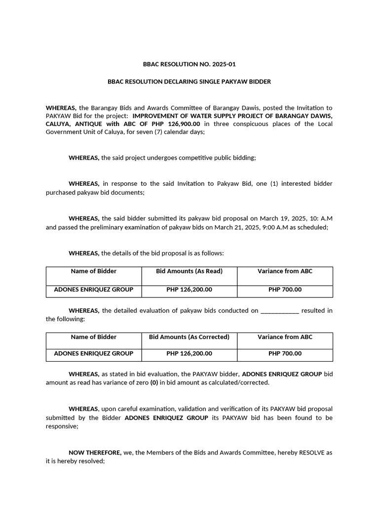 BBAC Resolution: Single Pakyaw Bidder | PDF