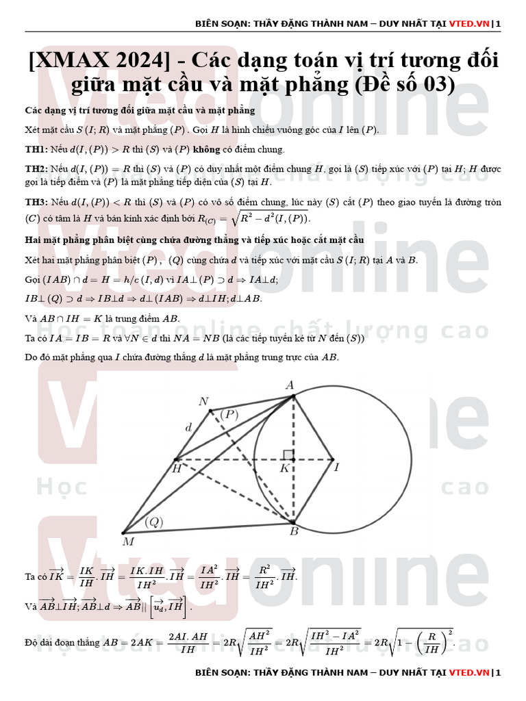 (XMAX 2024) - Các Dạng Toán VỊ Trí Tương Đối Giữa Mặt Cầu Và Mặt Phẳng (Đề Số 03) | PDF