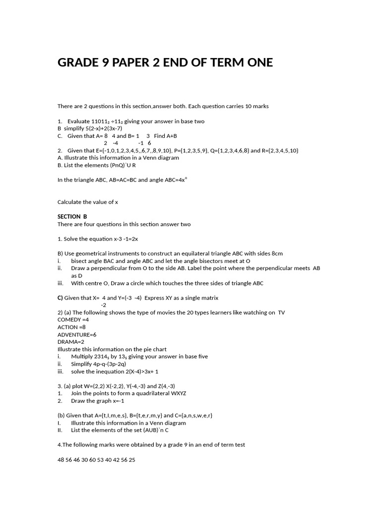 Grade 9 Paper 2 End of Term One | PDF