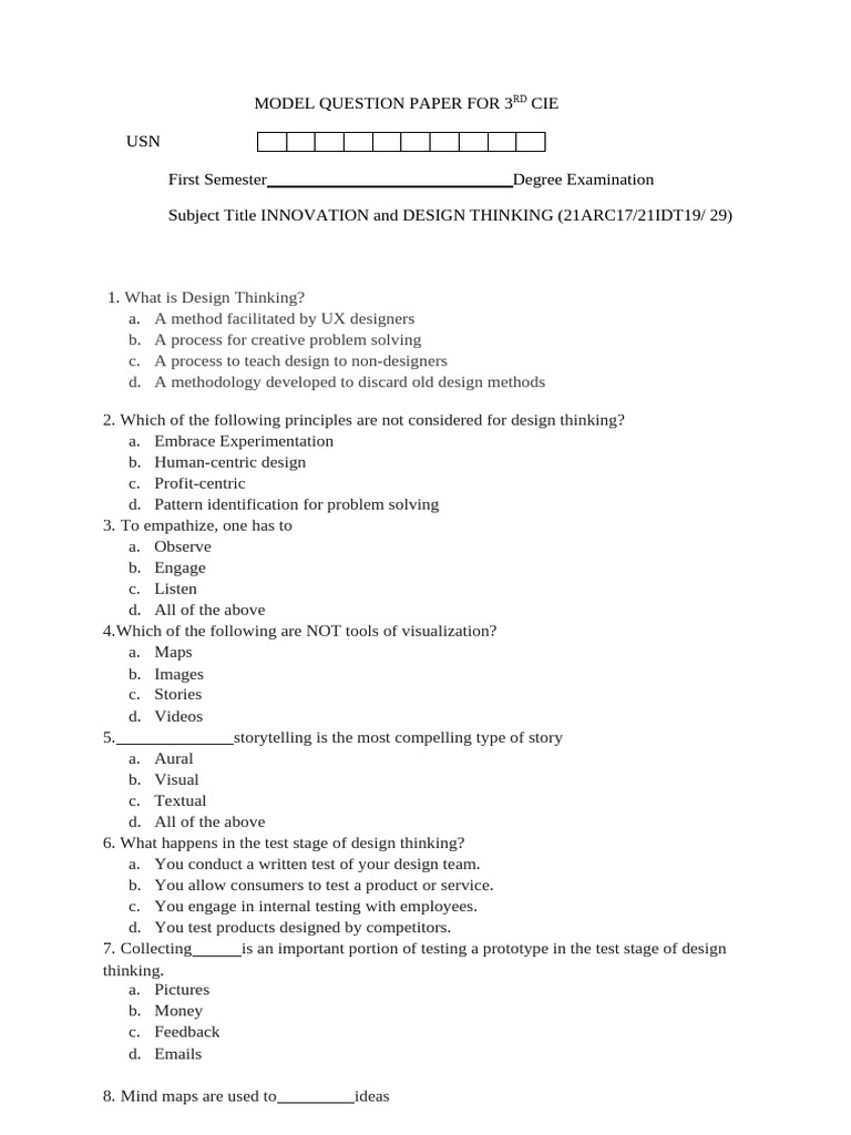 Design Thinking Exam Questions Guide | PDF | Design Thinking | Thought