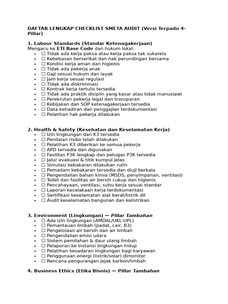 Checklist Audit SMETA 4 Pilar Lengkap | PDF