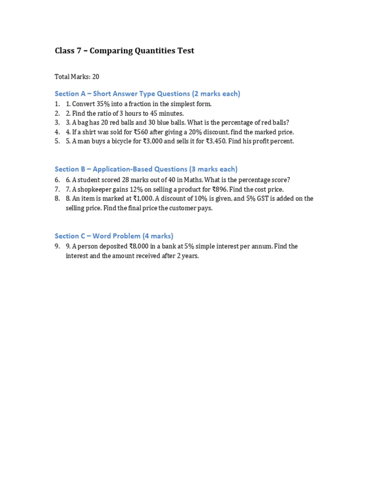 Class 7 Comparing Quantities Test | PDF