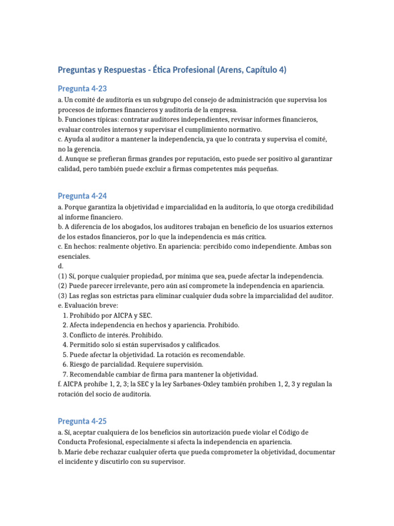 Preguntas Respuestas Etica Profesional Arens | PDF | Auditoría | Violación