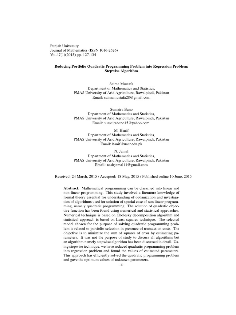 Reducing Portfolio Quadratic Programming | PDF | Least Squares | Mathematical Optimization