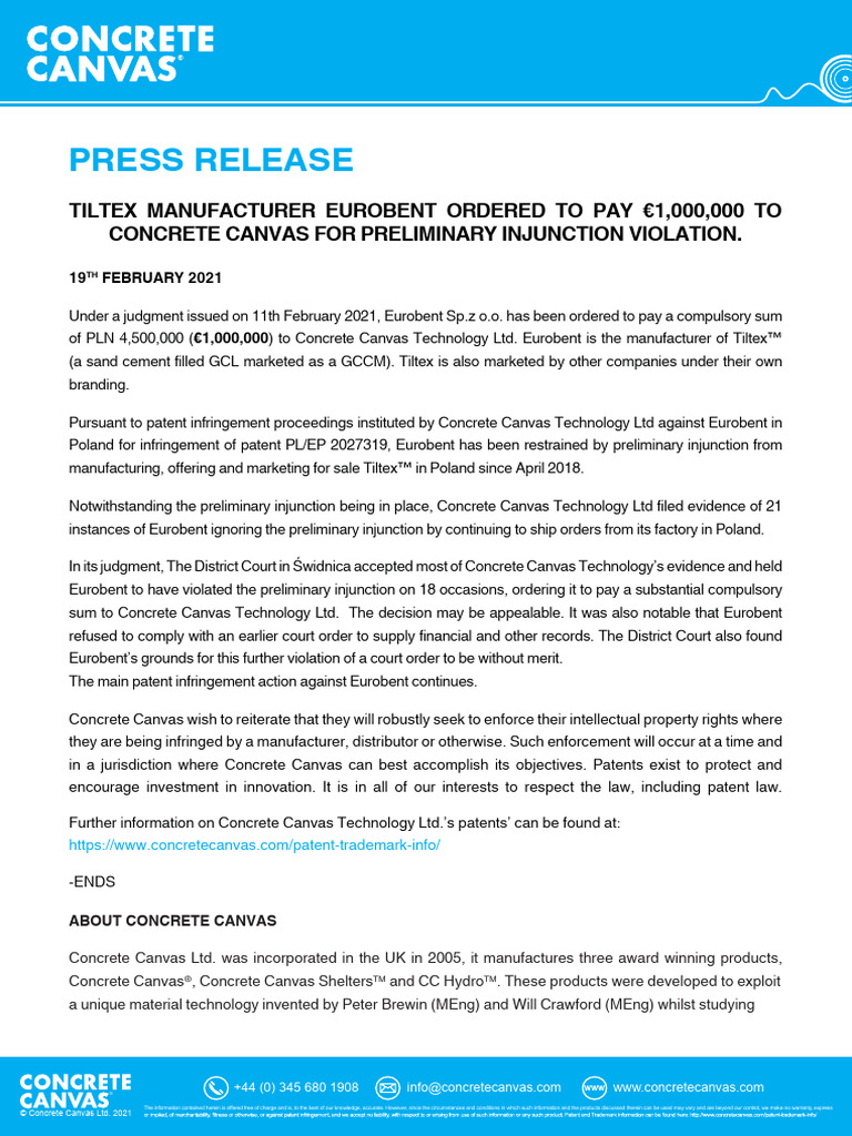 2102 Eurobent Ordered To Pay CC LTD E1m in Damages | PDF | Injunction | Patent