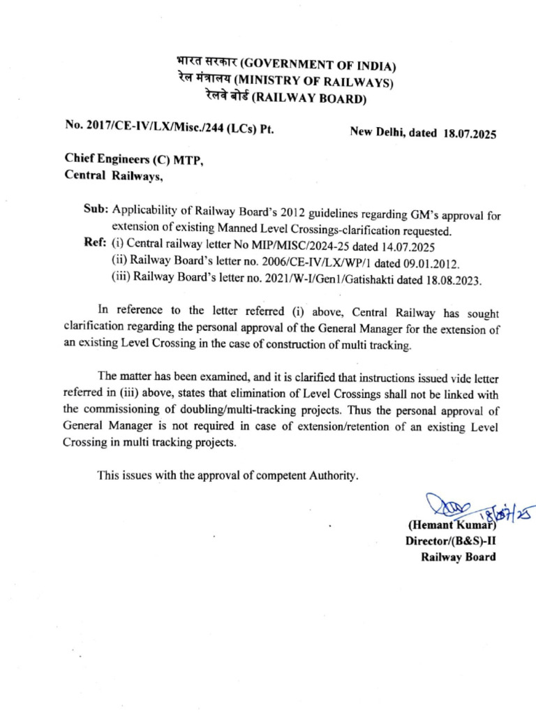 Railway Board Letter For LC Retention in Doubling & Multi Tracking ...