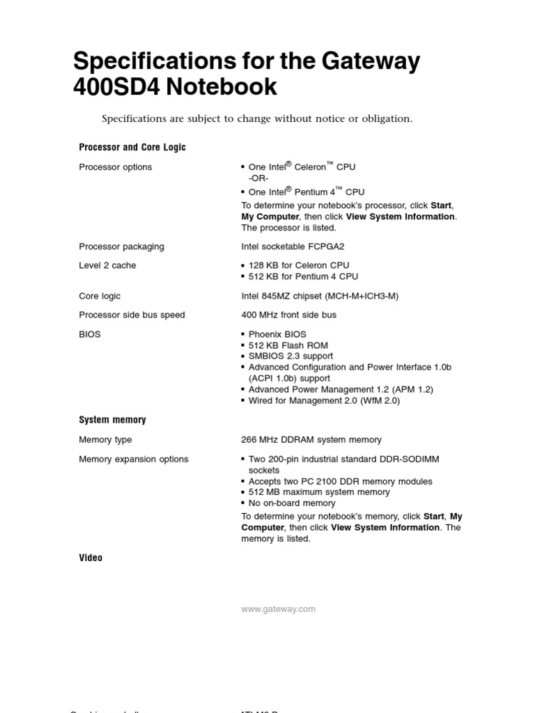 Gateway 400SD4 | PDF | Bios | Laptop