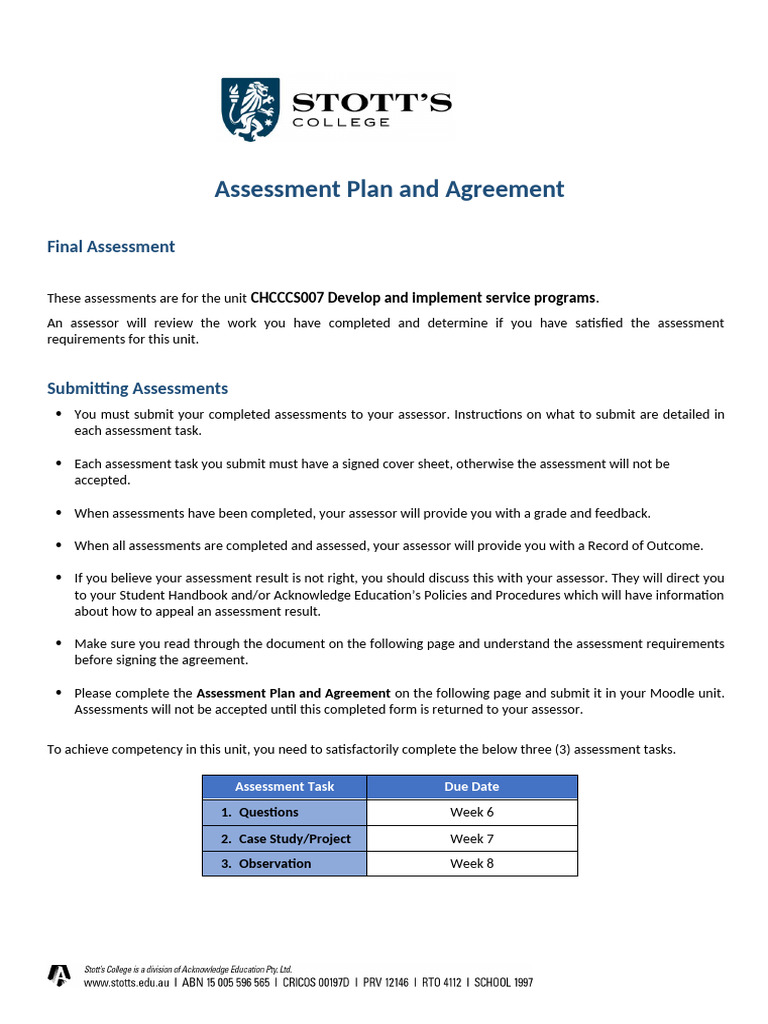 CHCCCS007 Assessment Plan Agreement | PDF | Academic Integrity