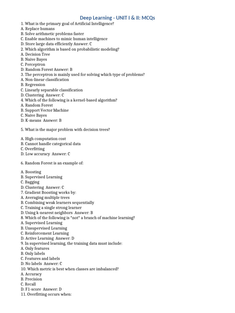 Deep Learning Unit I II MCQ | PDF | Deep Learning | Computational Science