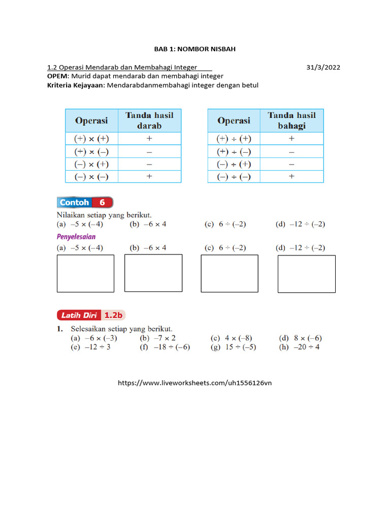 Ting.1 Bab 1.2 Operasi Mendarab Dan Membahagi Integer - Nota Dan ...