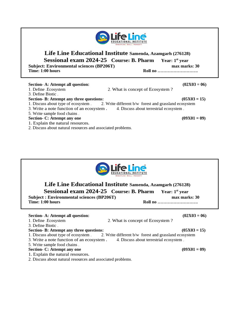 B. Pharm Environmental Sciences Exam | PDF