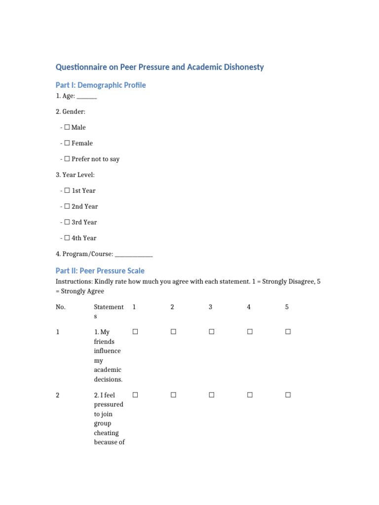 Peer Pressure and Academic Dishonesty Questionnaire | PDF | Academic Dishonesty | Social Psychology