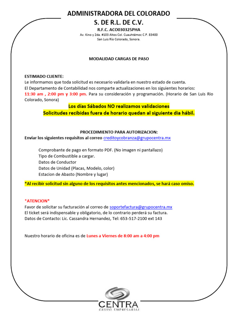 Formato para Carga de Paso Administradora Del Colorado 2 | PDF ...
