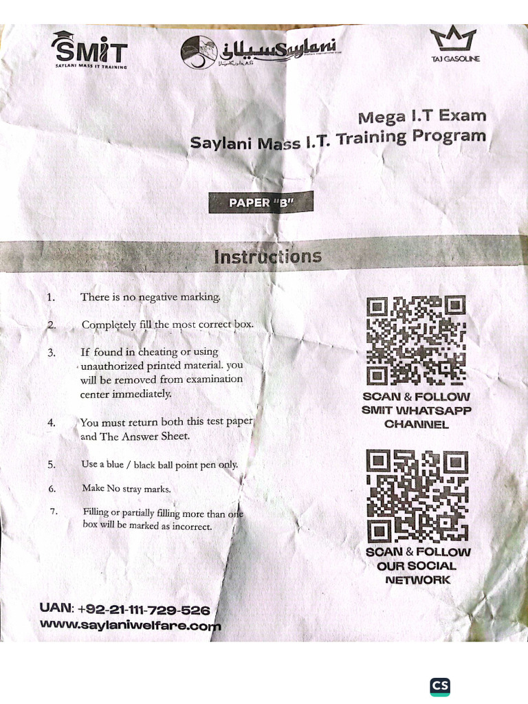 Saylani Mass I.T. Training Program Mega I.T. Exam | PDF