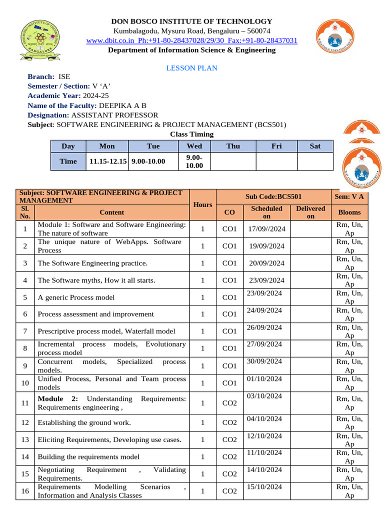 Lesson Plan SE-BCS501 A by Deepika | PDF | Agile Software Development | Project Management