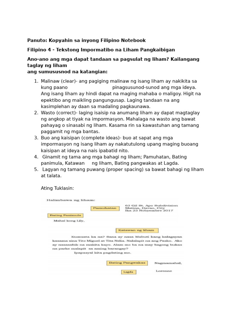 Filipino 4 Mga Bahagi at Uri NG Liham Pangkaibigan | PDF