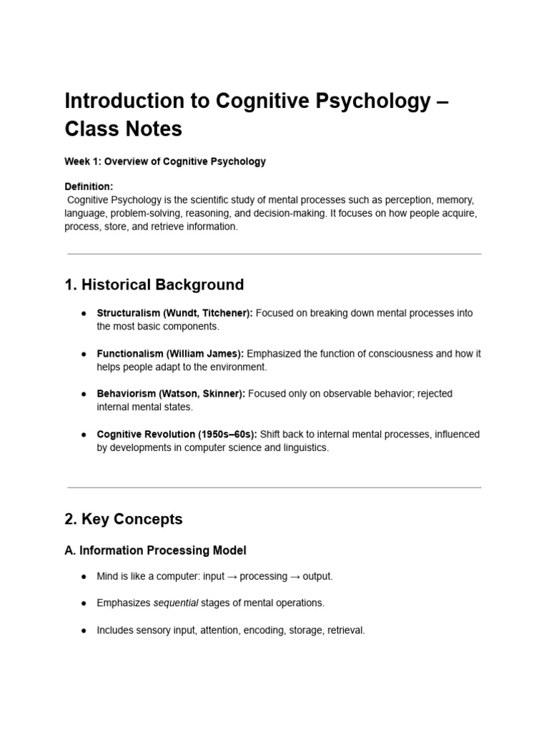 Cognitive Psychology Overview Notes | PDF | Cognition | Cognitive ...