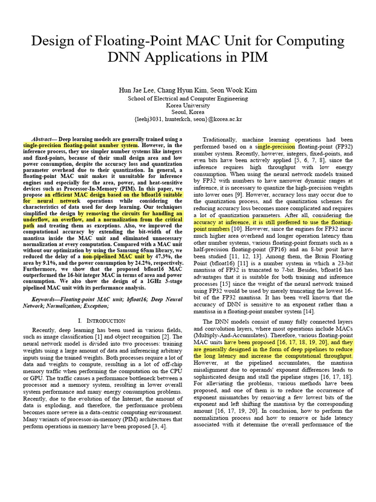 Design Of Floating Point Mac Unit For Computing Dnn Applications In Pim Pdf Deep Learning