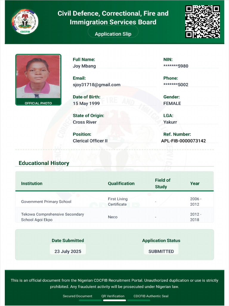 JOY SUNDAY MBANG Application Slip | PDF