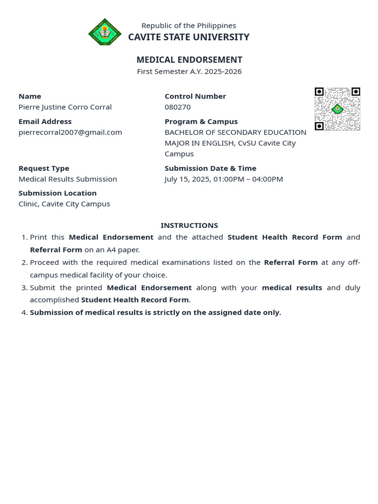 CvSU Medical Endorsement Form | PDF | Human Diseases And Disorders ...