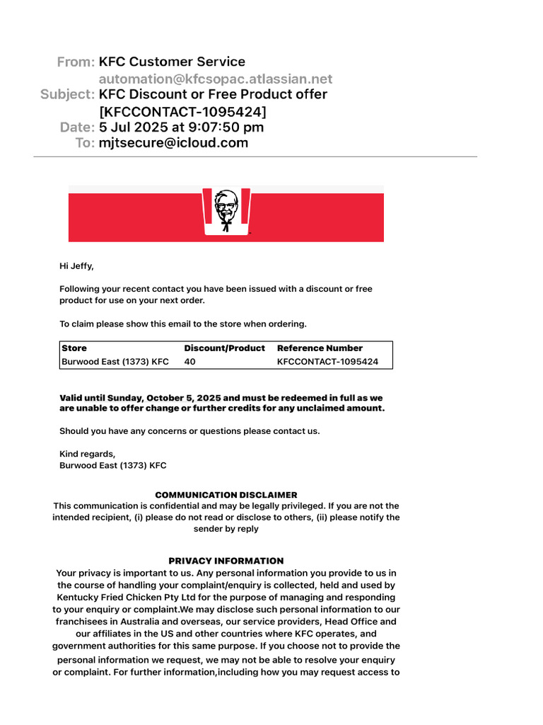 KFC Discount or Free Product Offer (KFCCONTACT-1095424) | PDF