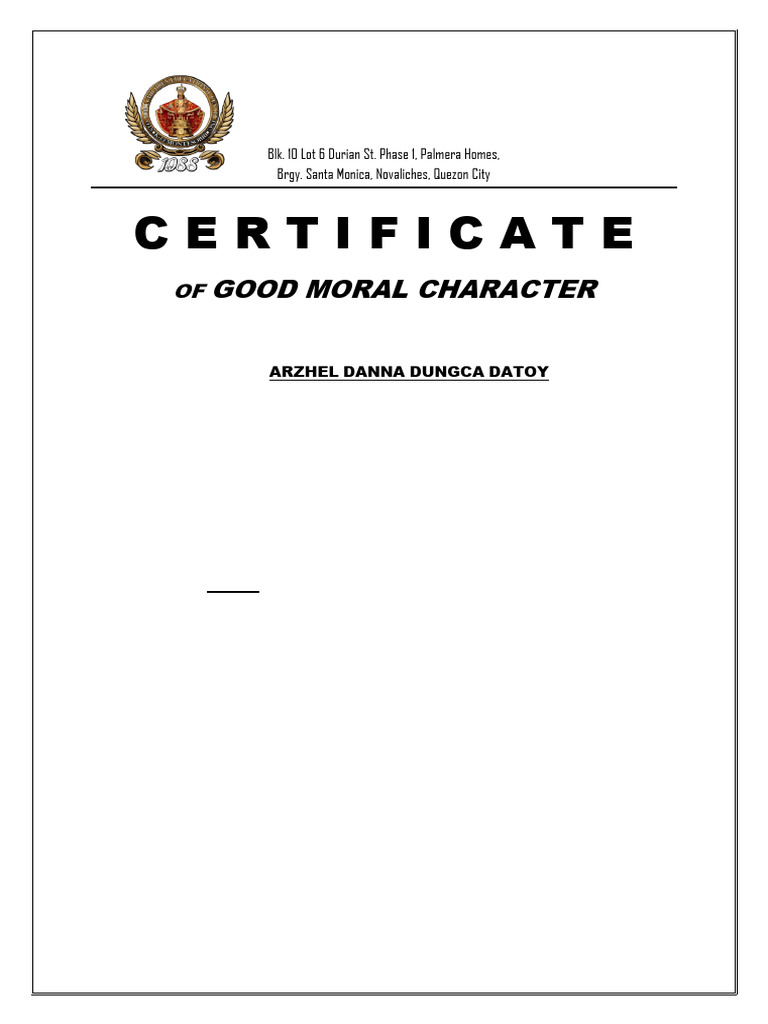 Certificate of Good Moral Character | PDF