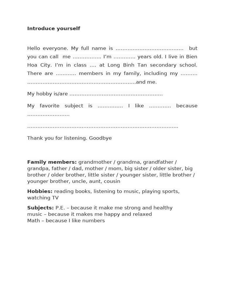 Self Introduction Guide for 6th Graders | PDF