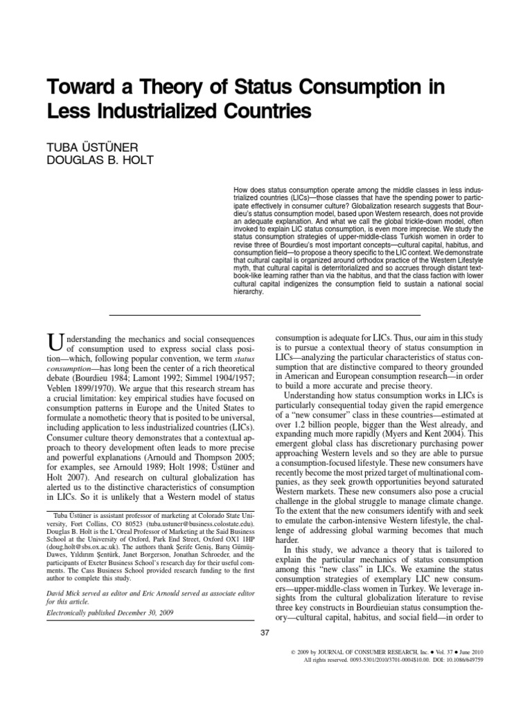 Toward A Theory of Status Consumption in Less Industrialized Countries ...