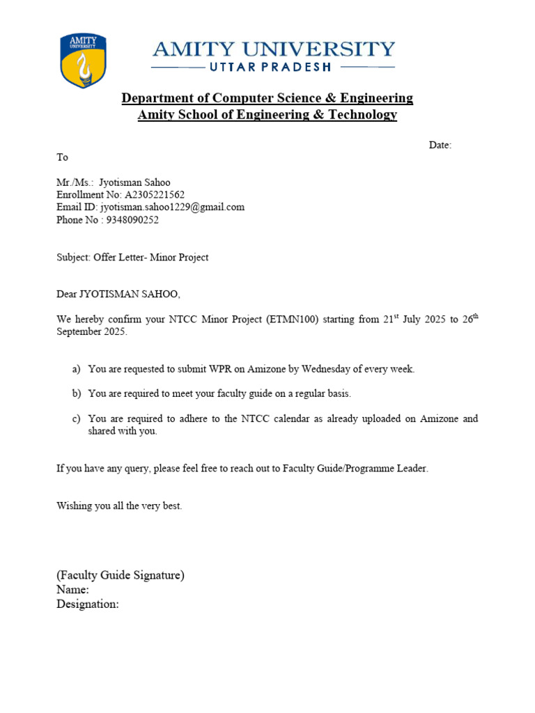 Minor Project Offer Letter for Student | PDF