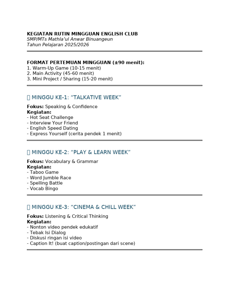Kegiatan Mingguan Englishclub | PDF