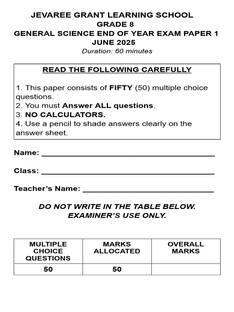 Grade 8 General Science Exam 2025 | PDF | Area | Force