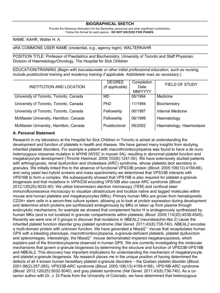 Biosketch Walter Kahr (8810) | PDF | Platelet | Mutation