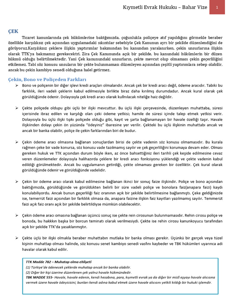 Kıymetli Evrak Hukuku Ders Notu Mühf | PDF