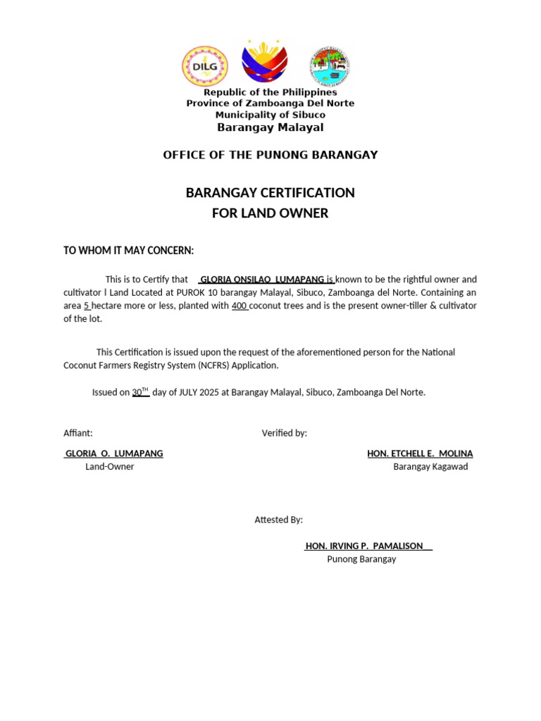 Barangay Certification for Land Ownership | PDF | Lease | Property Law