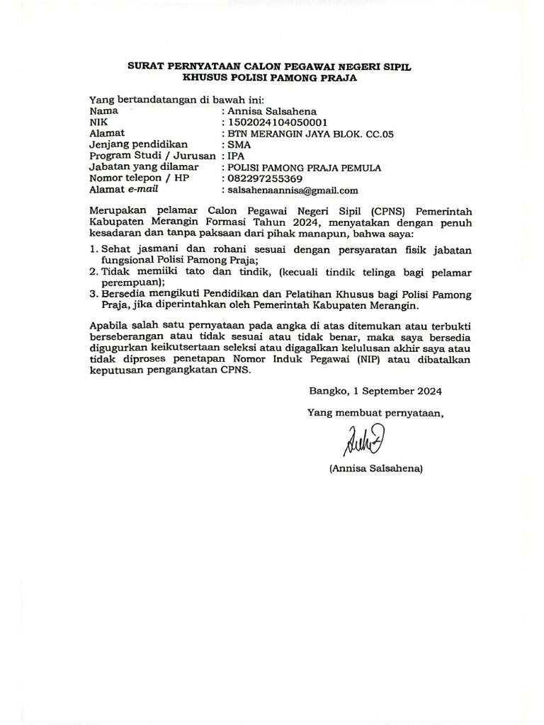 Surat Penyataan Cpns Khusus Polpp | PDF