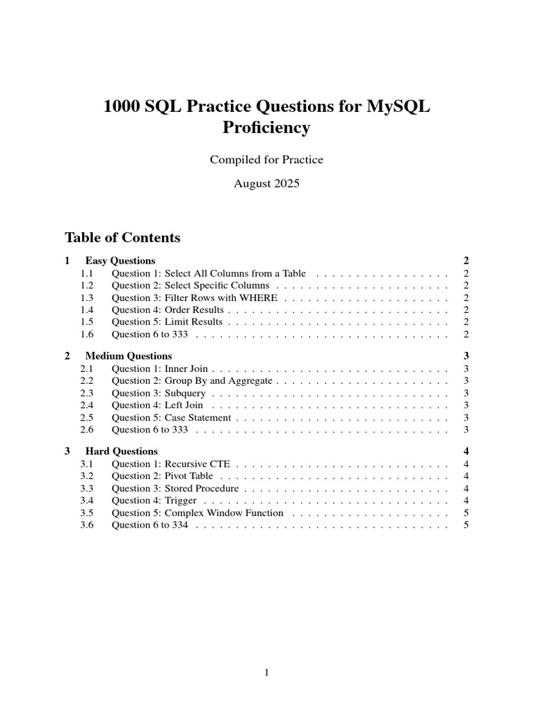 1000 SQL Practice Questions For Mysql Proficiency | PDF | Databases | Data