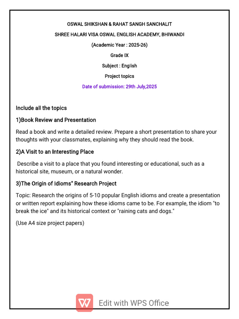 Grade 9 English Project (July Month) Oswal 2025 | PDF