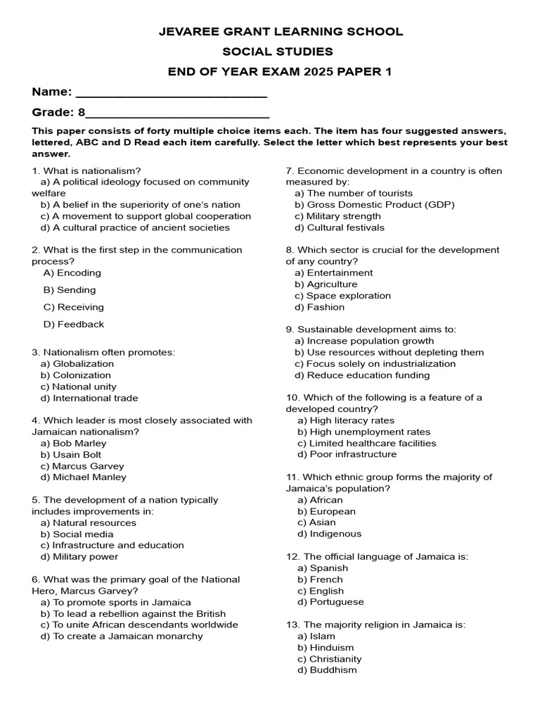 Grade 8 Social Studies Exam 2025 | PDF | Jamaica | Maya Civilization
