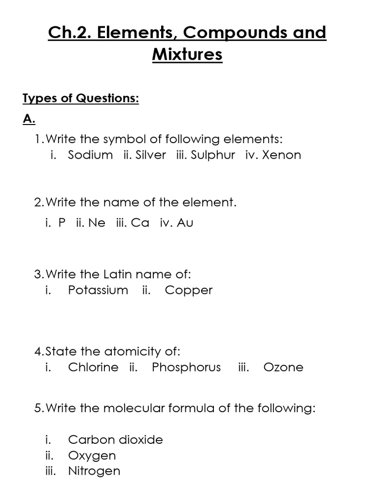 Ch. 2 Practice Questions Elements, Compounds and Mixtures | PDF