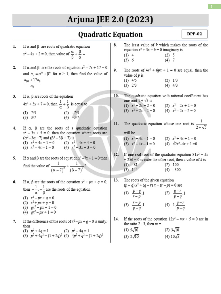 Quadratic Equations DPP 02 of Lec 03 Arjuna JEE 20 2023 | PDF | Quadratic Equation | Mathematics