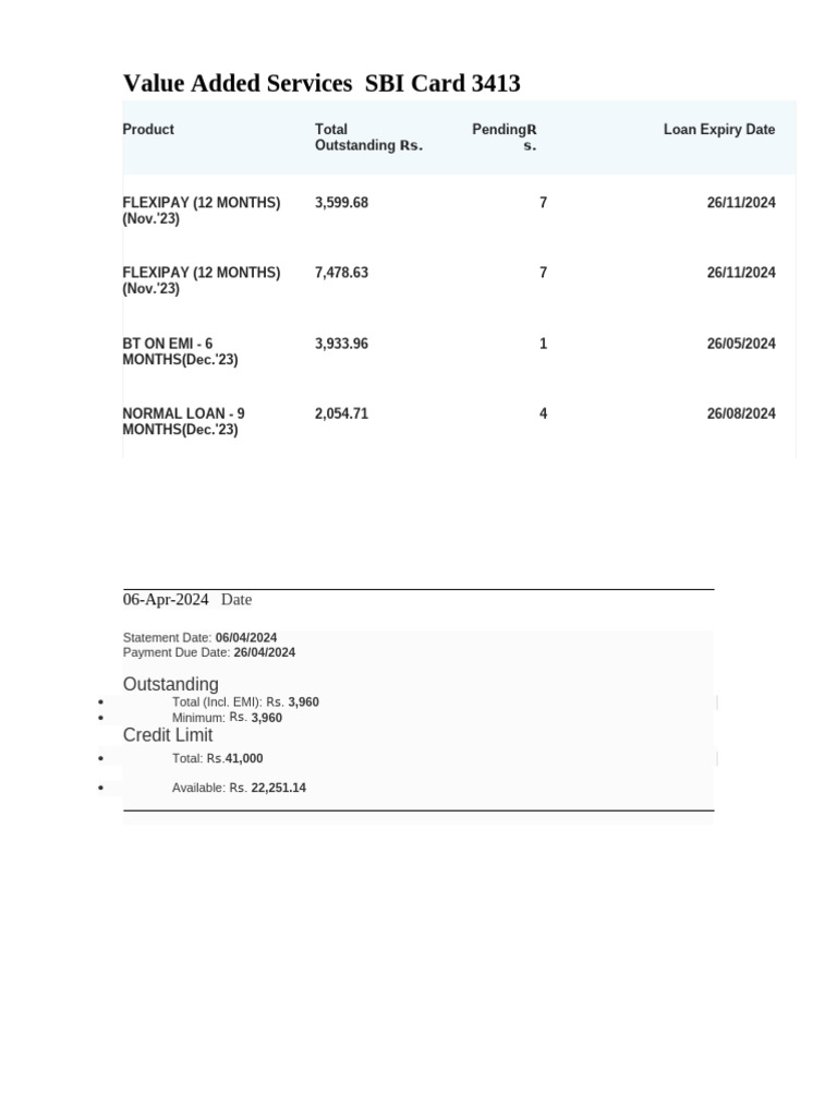 Value Added Services SBI Card 3413 | PDF