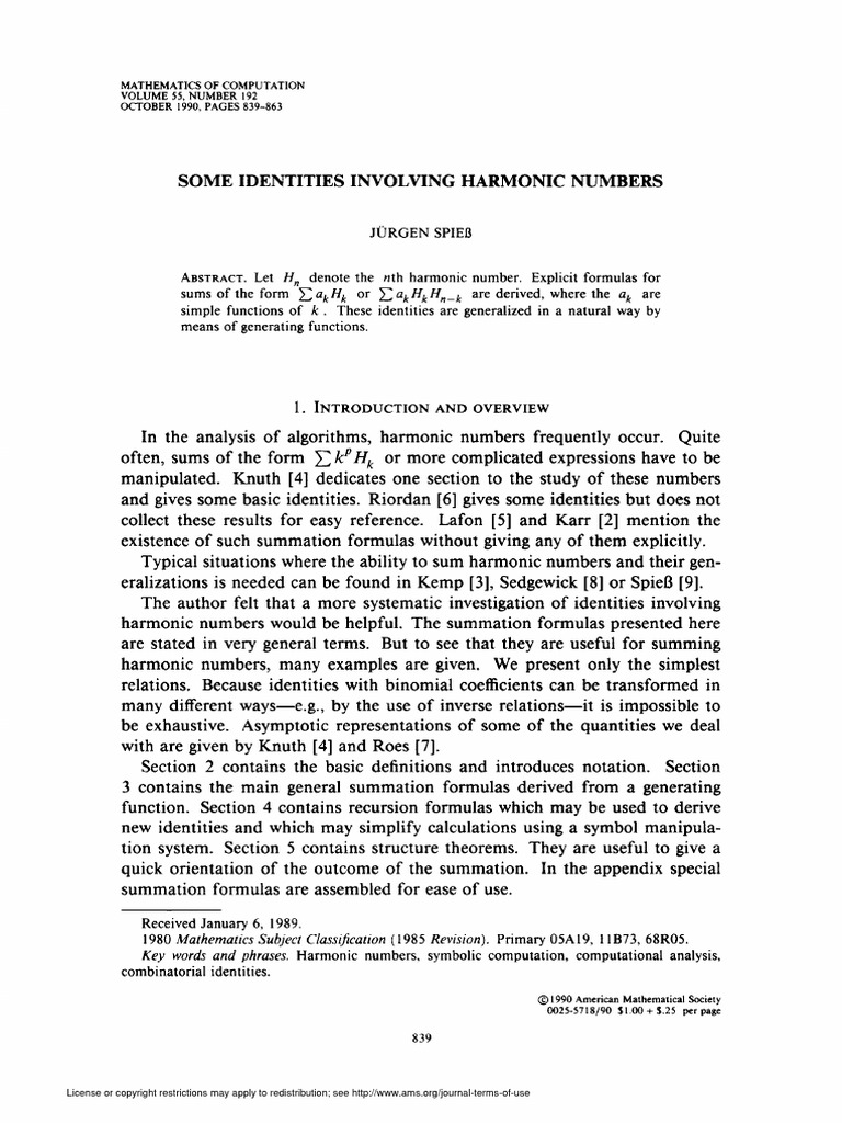Harmonic Number Identities | PDF | Summation | Function (Mathematics)