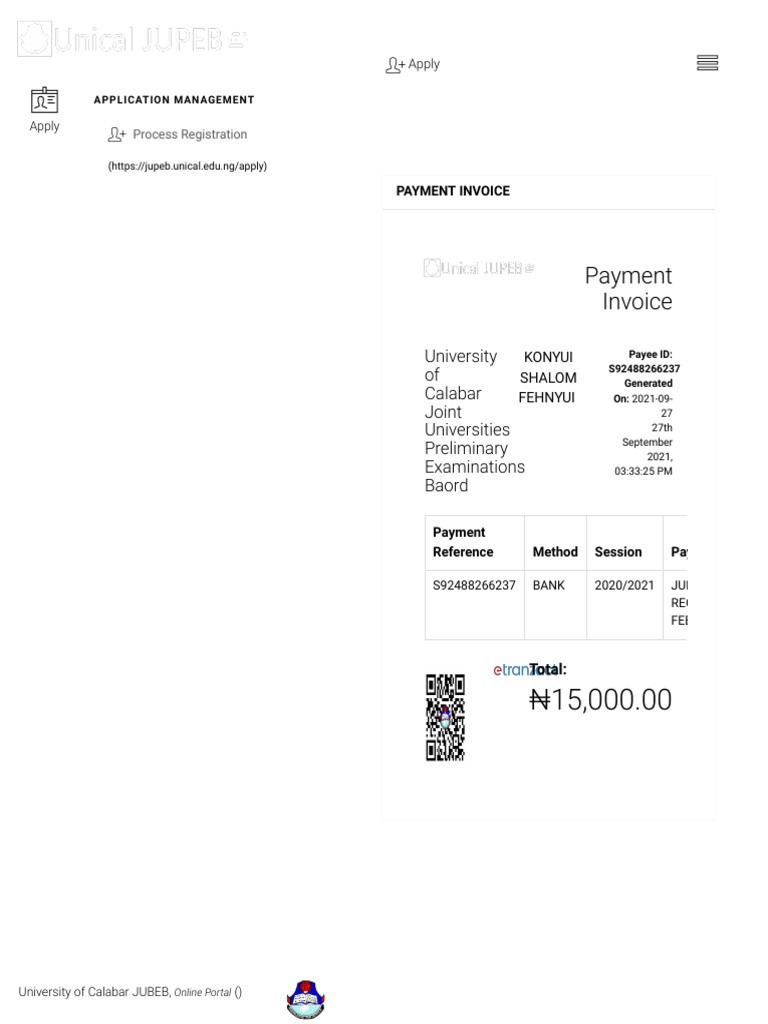 University of Calabar JUPEB - Payment Invoice | PDF