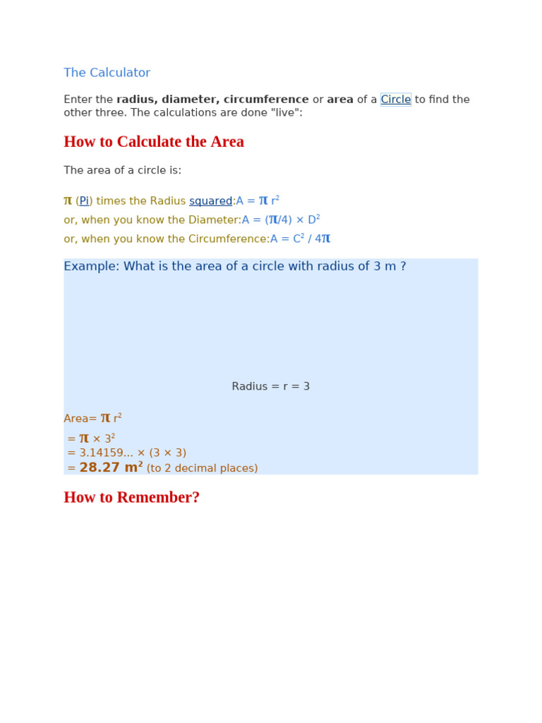 Area of Circle Using Diameter | PDF
