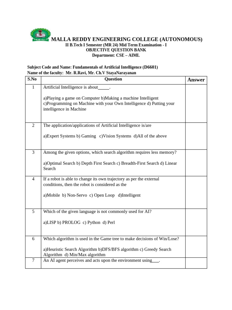 II - Cse-Aiml Fai Objective Ob Mid-1 | PDF | Artificial Intelligence ...